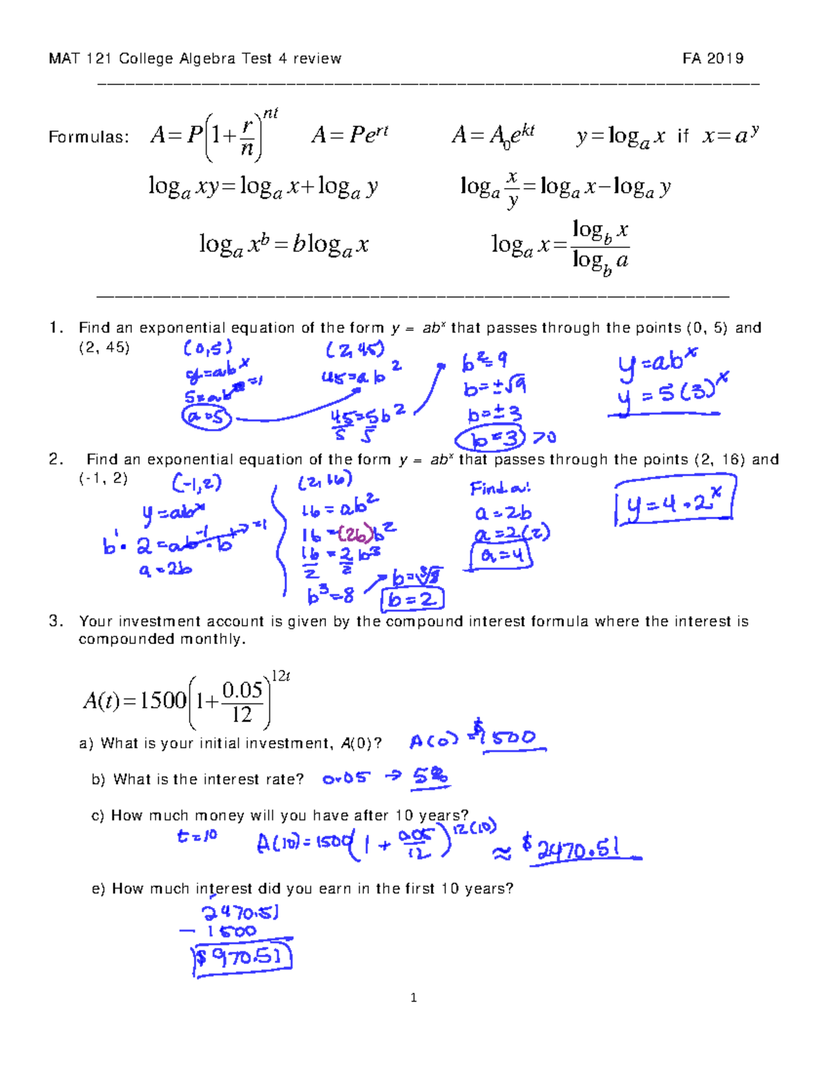 Unit 4 Test Review solns - MAT 121 College Algebr a Test 4 r ev iew FA ...