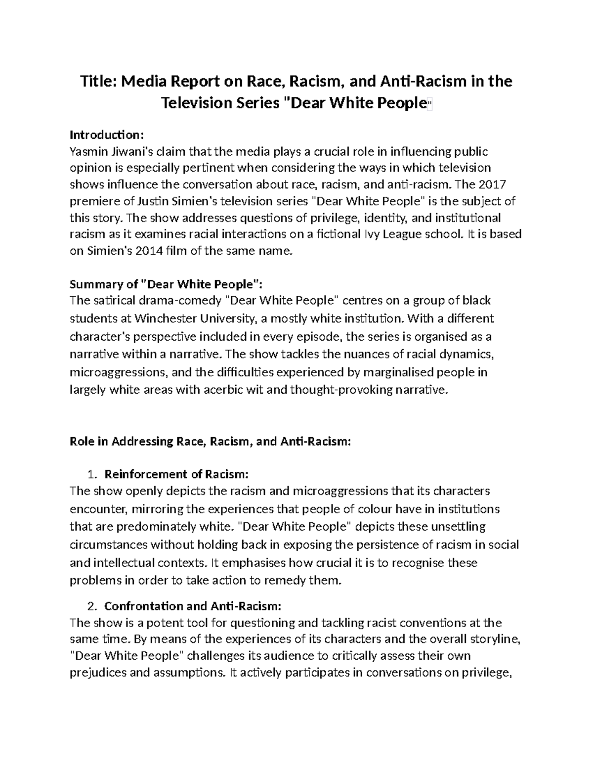 Media Review Journal - good - Title: Media Report on Race, Racism, and ...