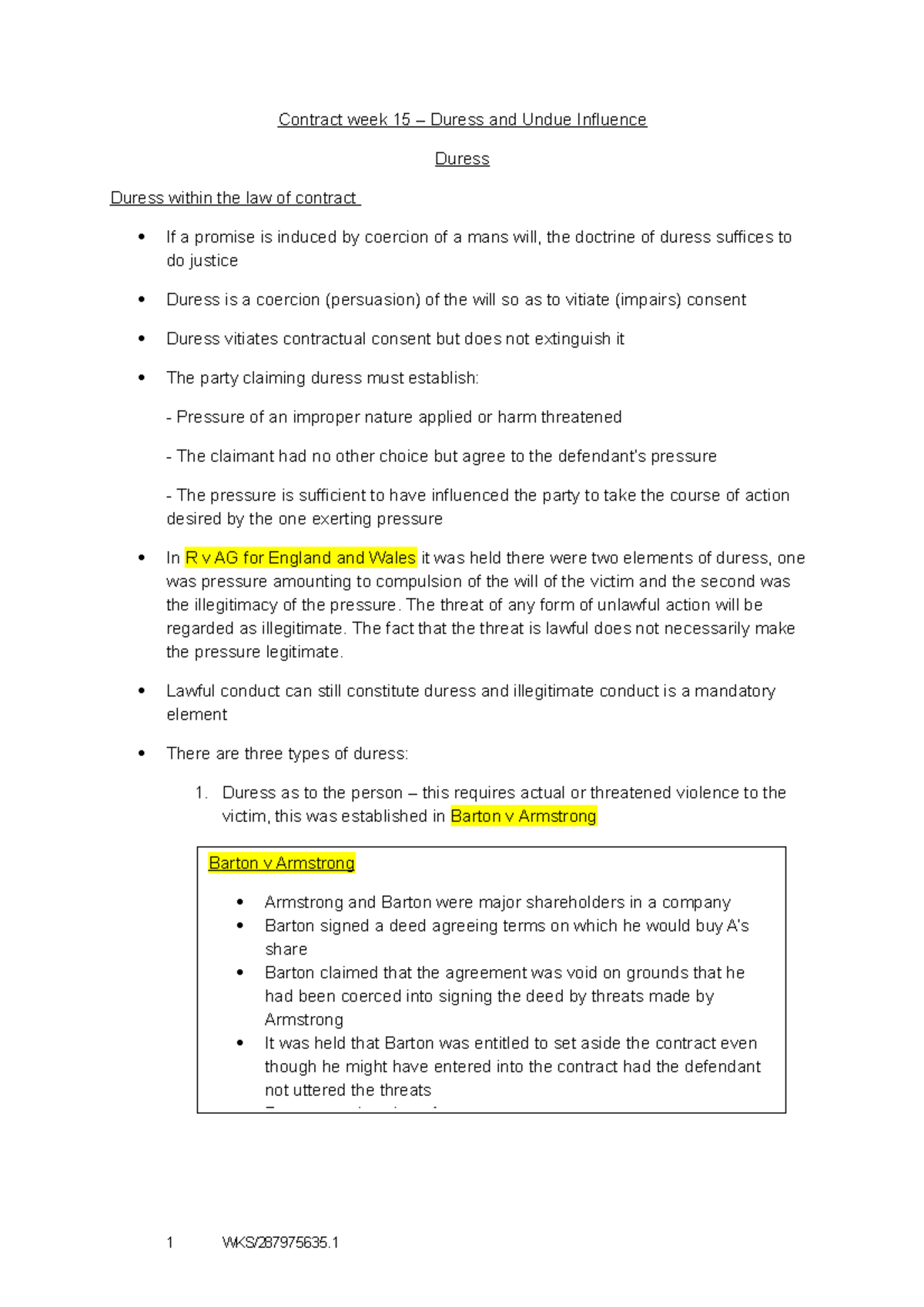 Contract Law - Duress and Undue Influence - Contract week 15 – Duress ...
