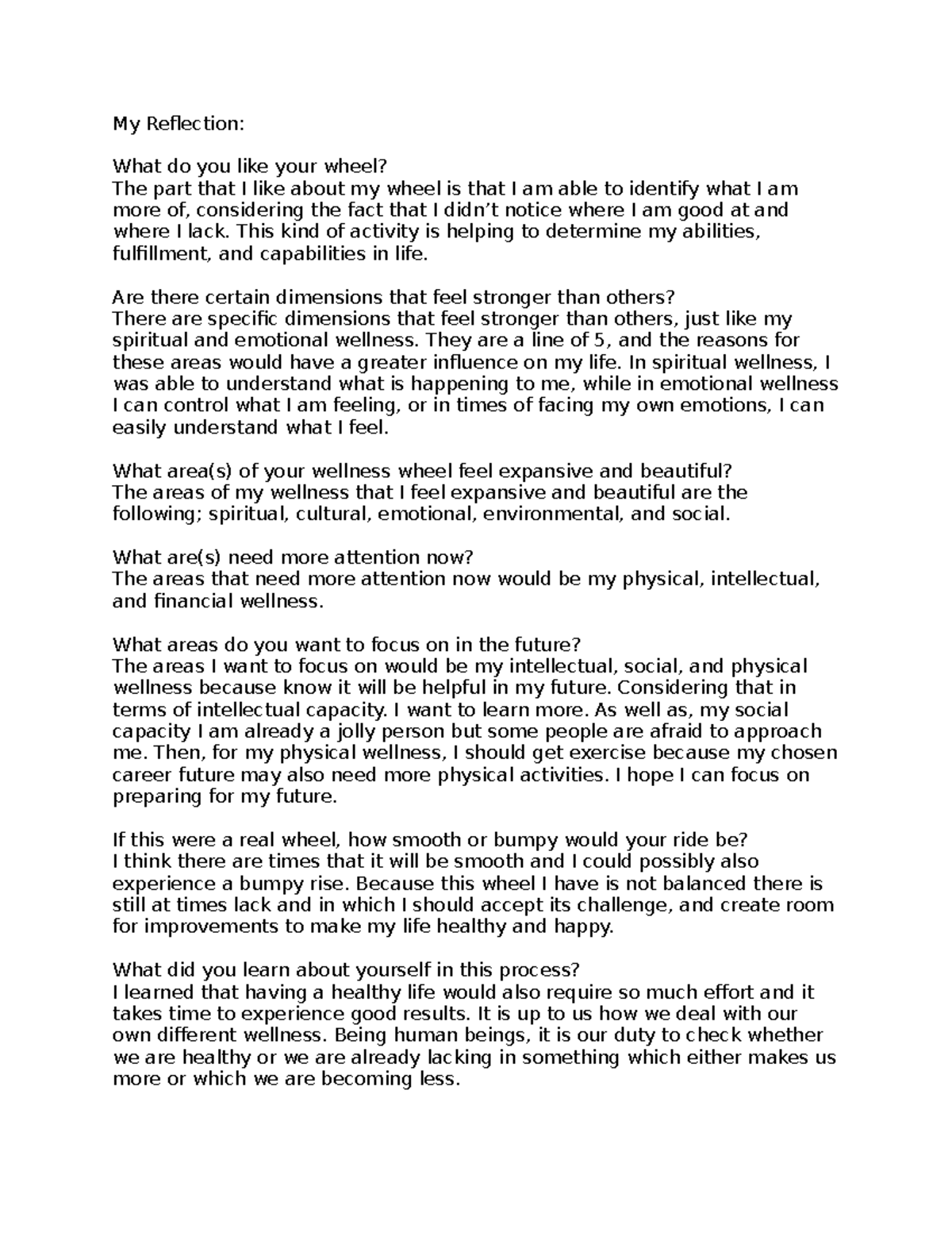 P - to help you in your needs to the activity - My Reflection: What do ...