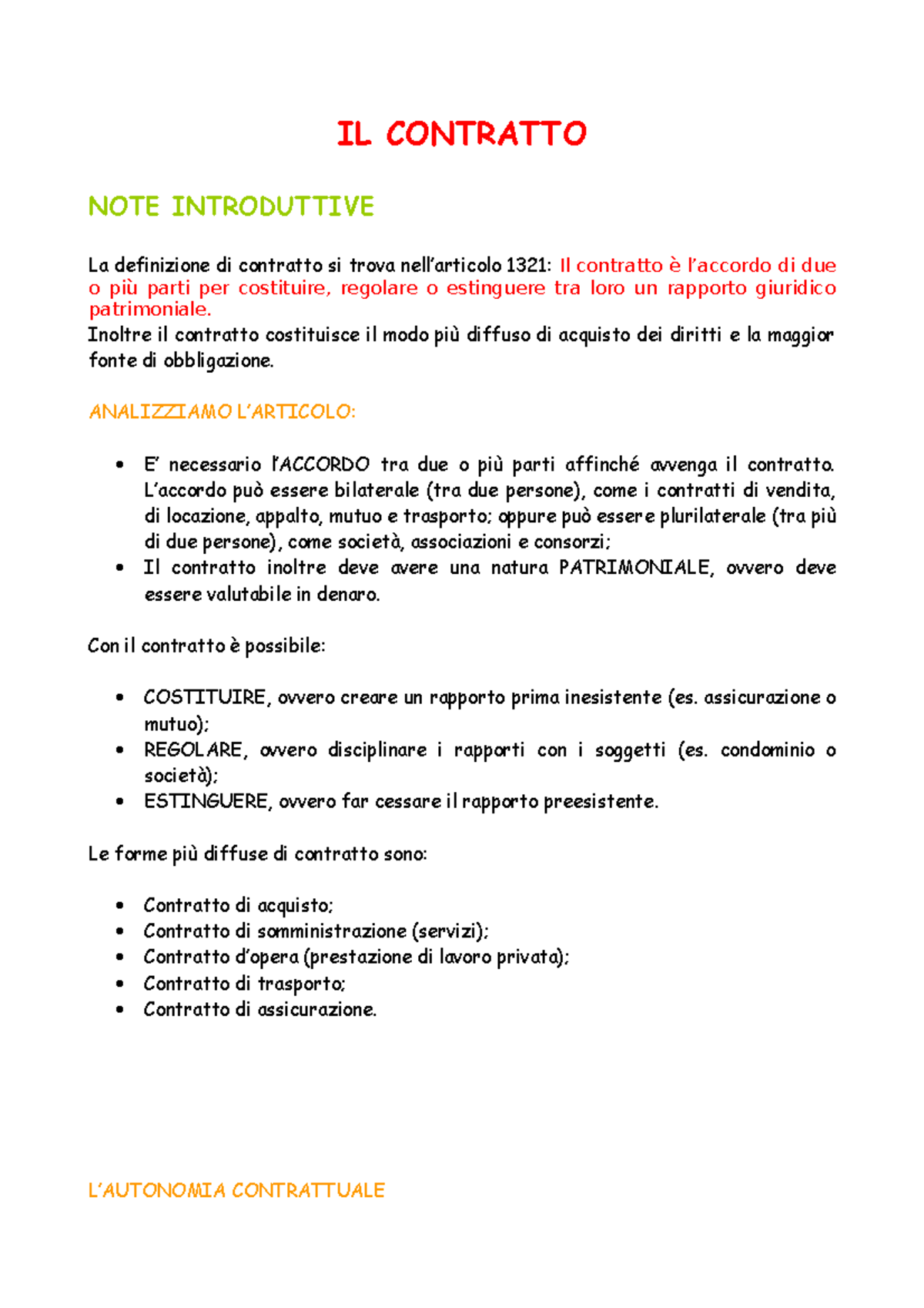 Contratto schema diritto privato - IL CONTRATTO NOTE INTRODUTTIVE La ...