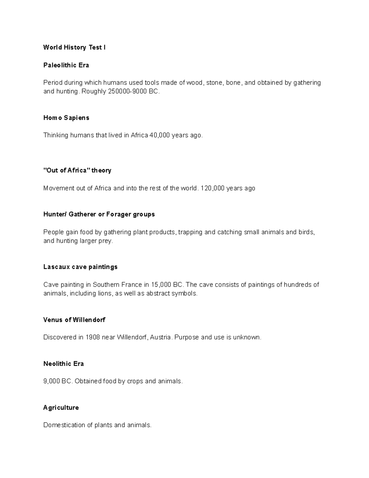 World History Test I Notes - World History Test I Paleolithic Era ...