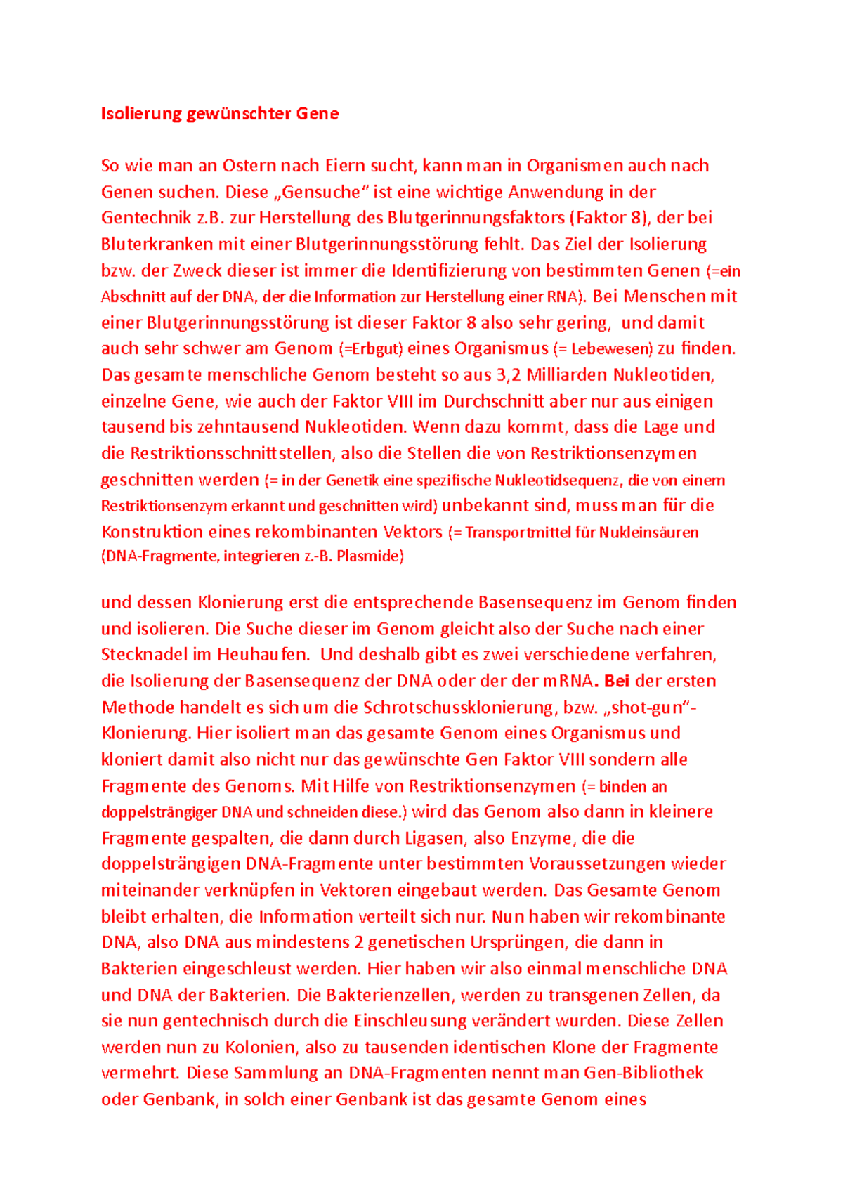 Referat - Isolierung gewünschter Gene - TExt Biologie 12. Klasse ...