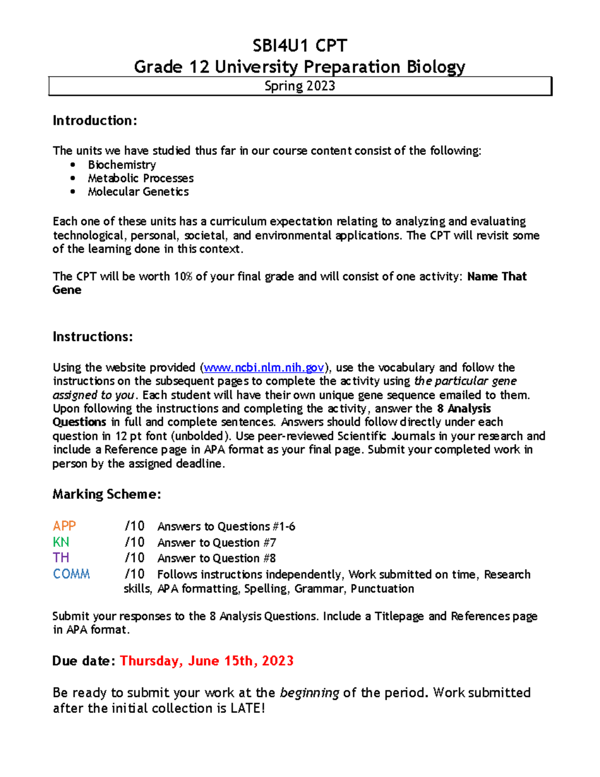 SBI4U1 CPT Spring 2023 - SBI4U1 CPT Grade 12 University Preparation ...