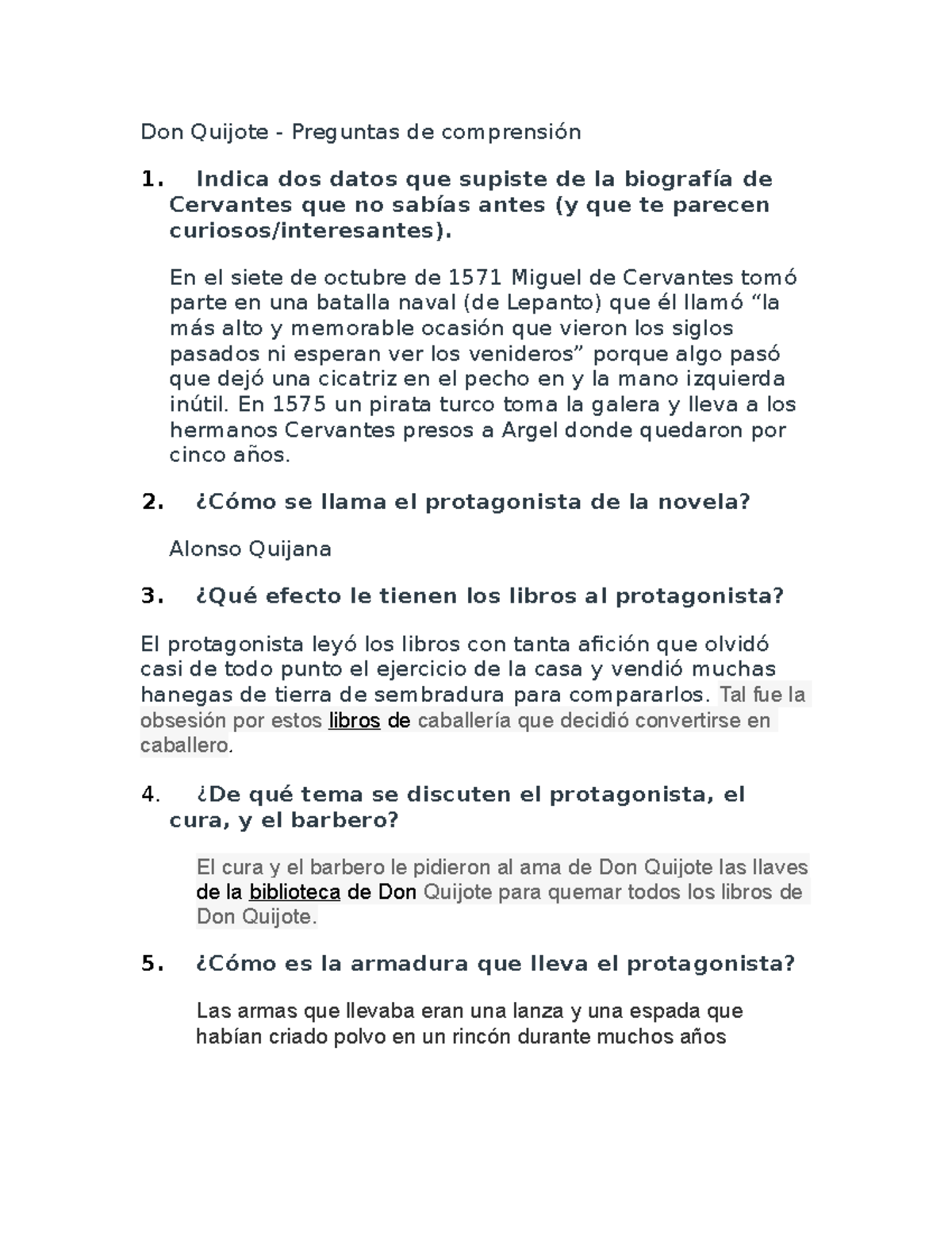 Don Quijote- Preguntas español 334 - Don Quijote Preguntas de ...