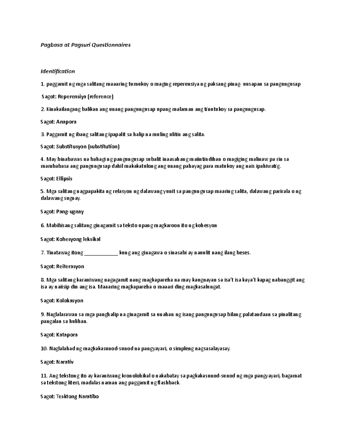 Pagbasa at Pagsuri Questionnaires - Pagbasa at Pagsuri Questionnaires ...