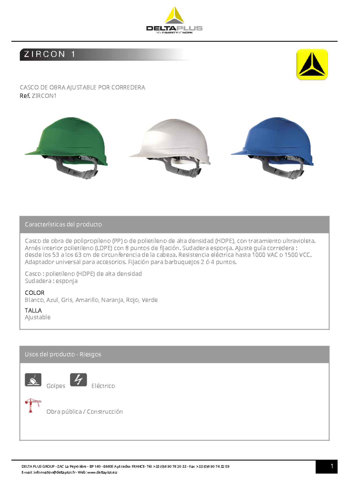 Zircon 1 Casco DE Seguridad Zircon Delta PLUS - DELTA PLUS GROUP - ZAC ...