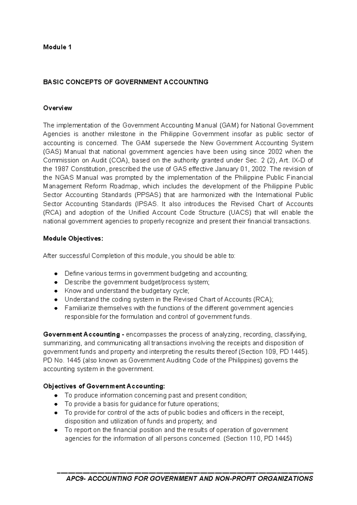 Module 1 APC 9 - Introduction to government accouting - Module 1 BASIC ...