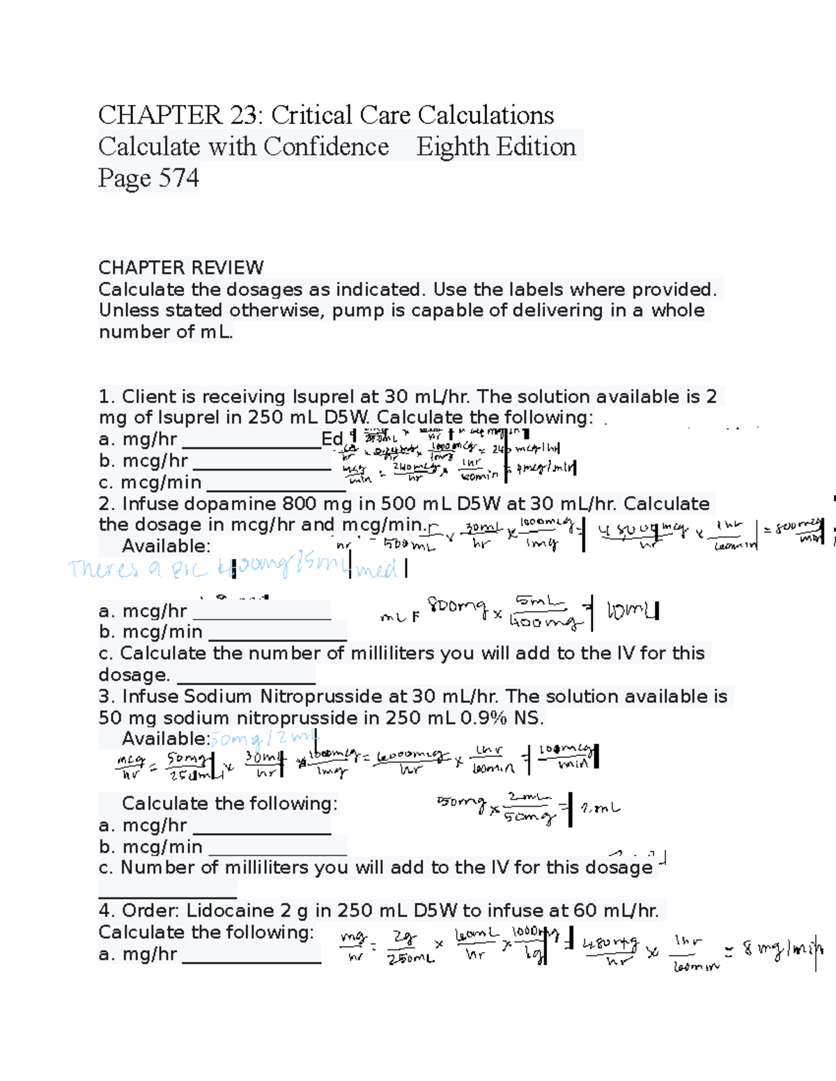 Critical Care Calculation Practice - CHAPTER 23: Critical Care ...