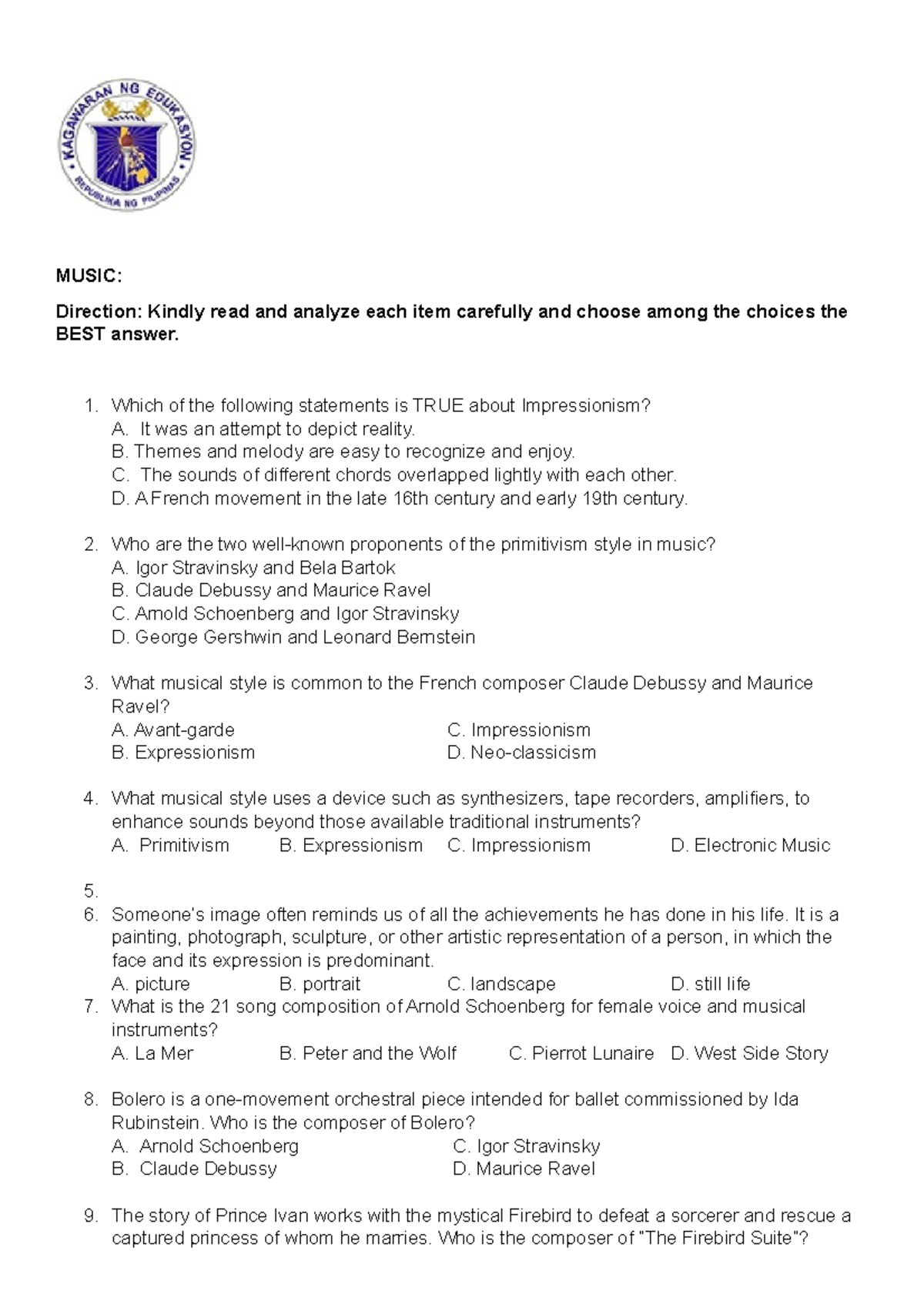 Mapeh 10 First Quarter WITH TOS - MUSIC: Direction: Kindly read and ...