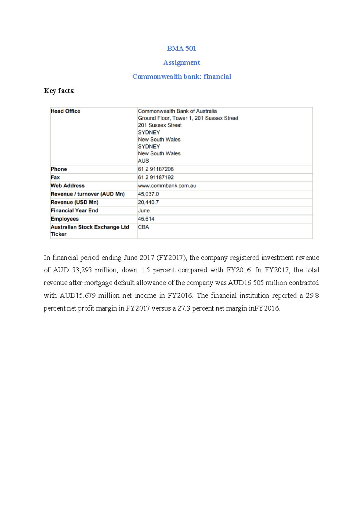BMA 501 Commonwealth bank - BMA 501 Assignment Commonwealth bank ...