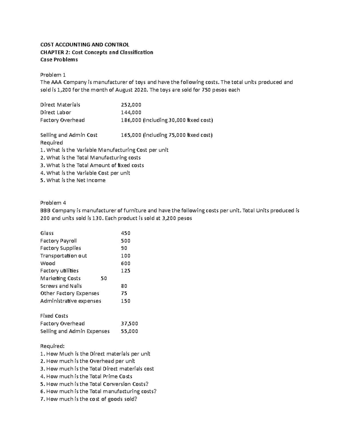 Cost Concepts And Classification Case Problems COST ACCOUNTING AND