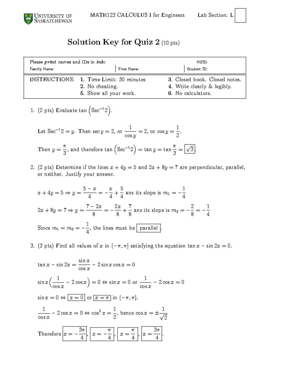 Exam 2014, Questions And Answers - Quiz 2-9 - MATH123 CALCULUS I for Engineers Lab Section: L ...