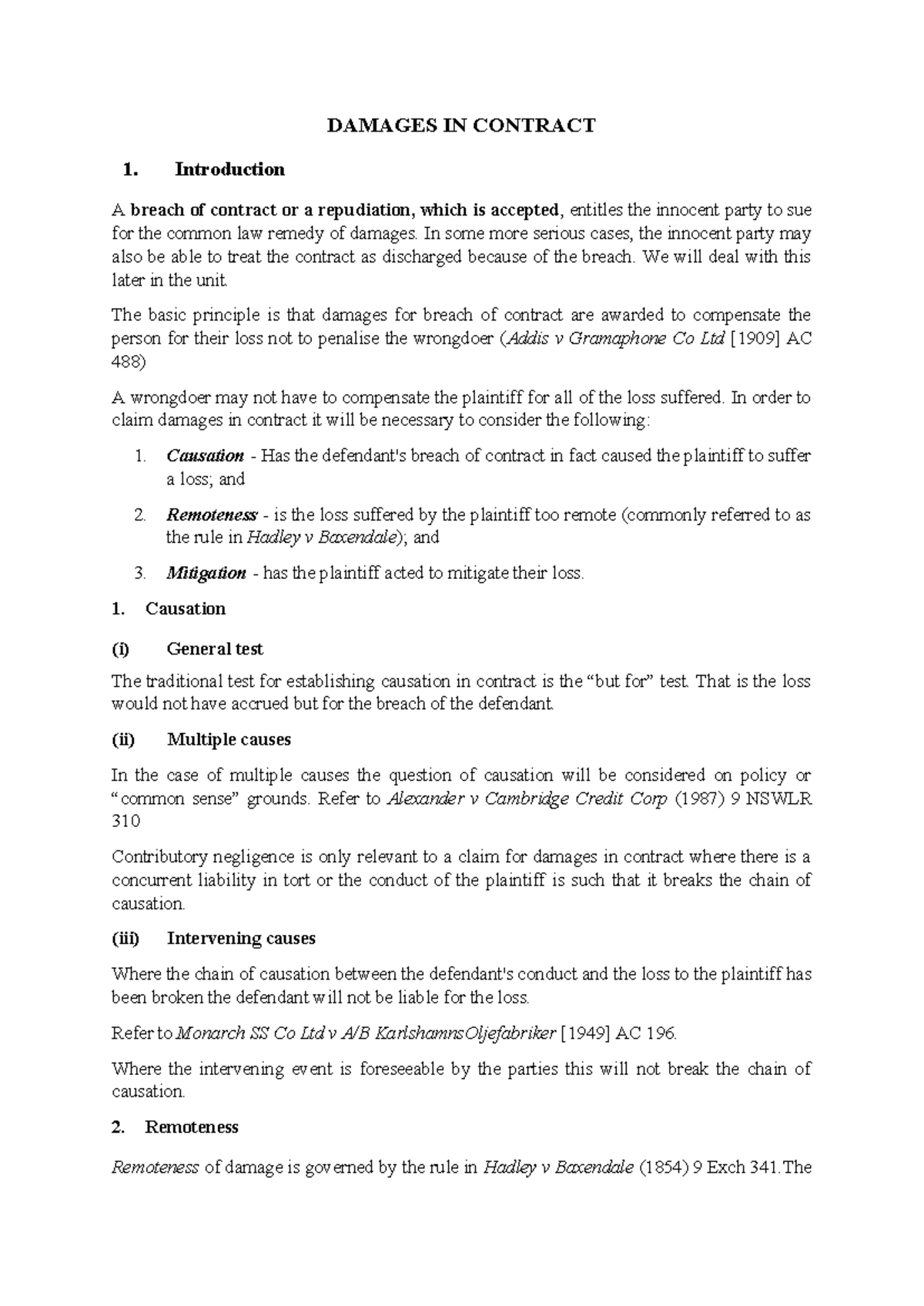 Damages in contract - notes - DAMAGES IN CONTRACT 1. Introduction A ...