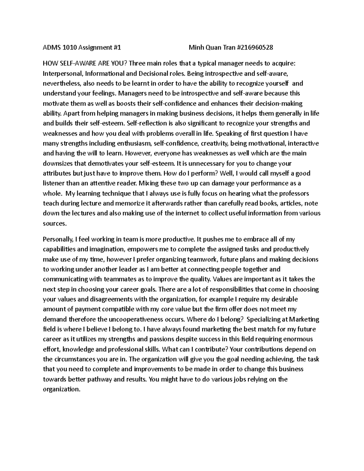 Adms 1010 Assignment Adms 1010 Assignment 1 Minh Quan Tran How