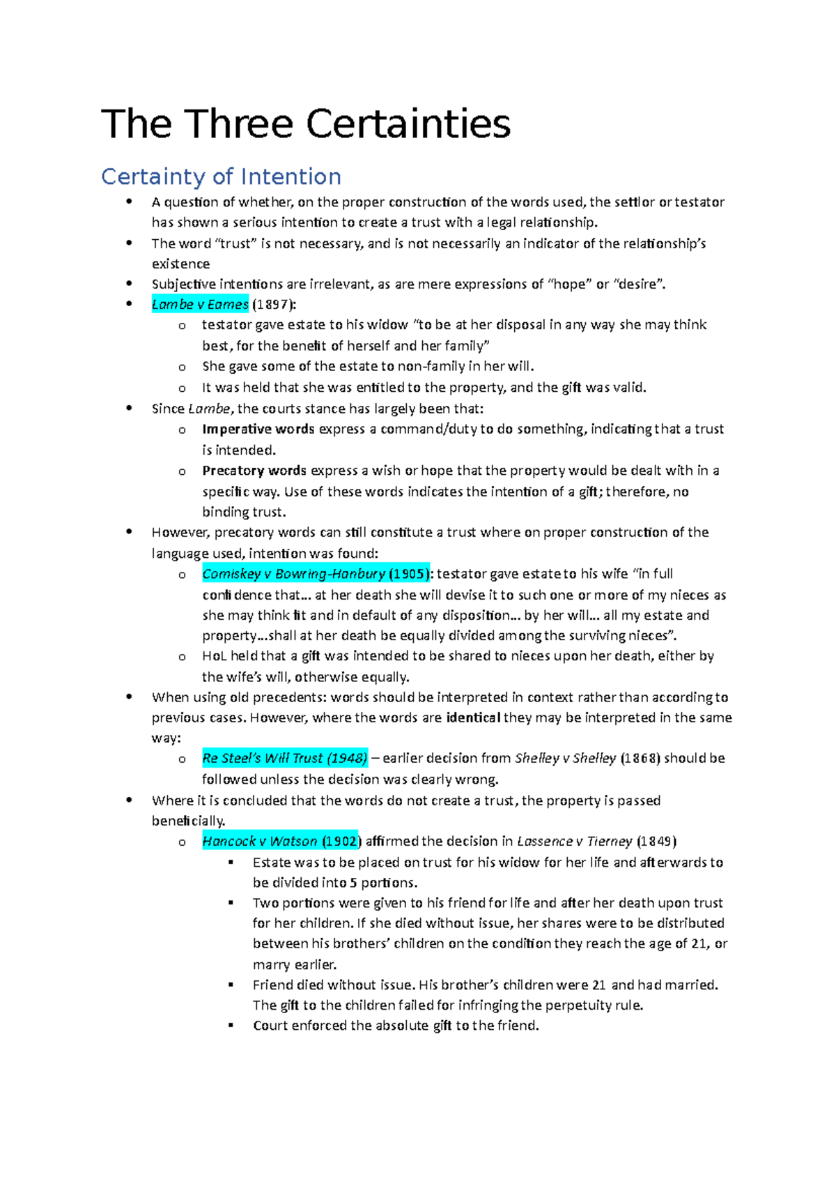 The Three Certainties Certainty of Intention - Studocu