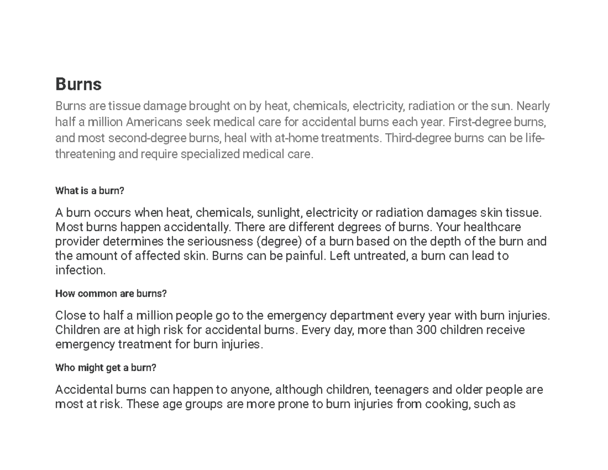 Types of burn - Burns Burns are tissue damage brought on heat ...