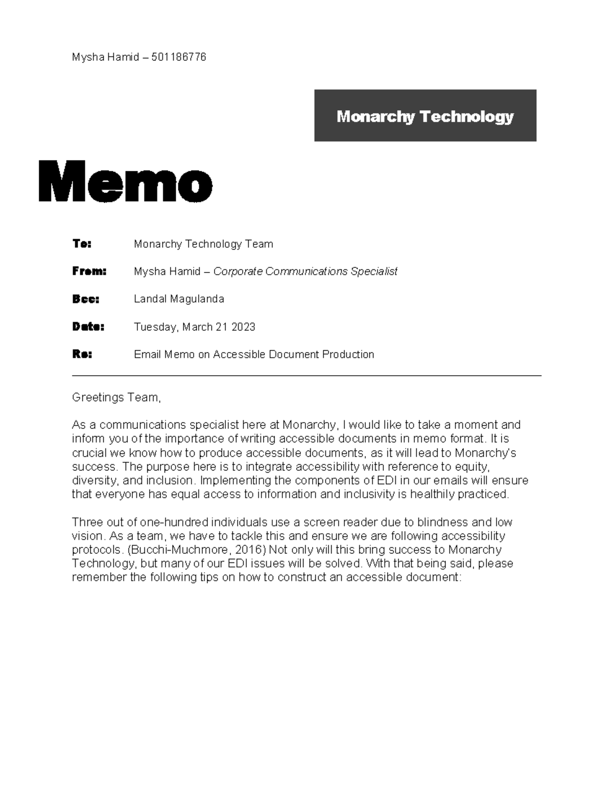 IT 208 Assessment 2 - Mysha Hamid – 501186776 Monarchy Technology Memo ...