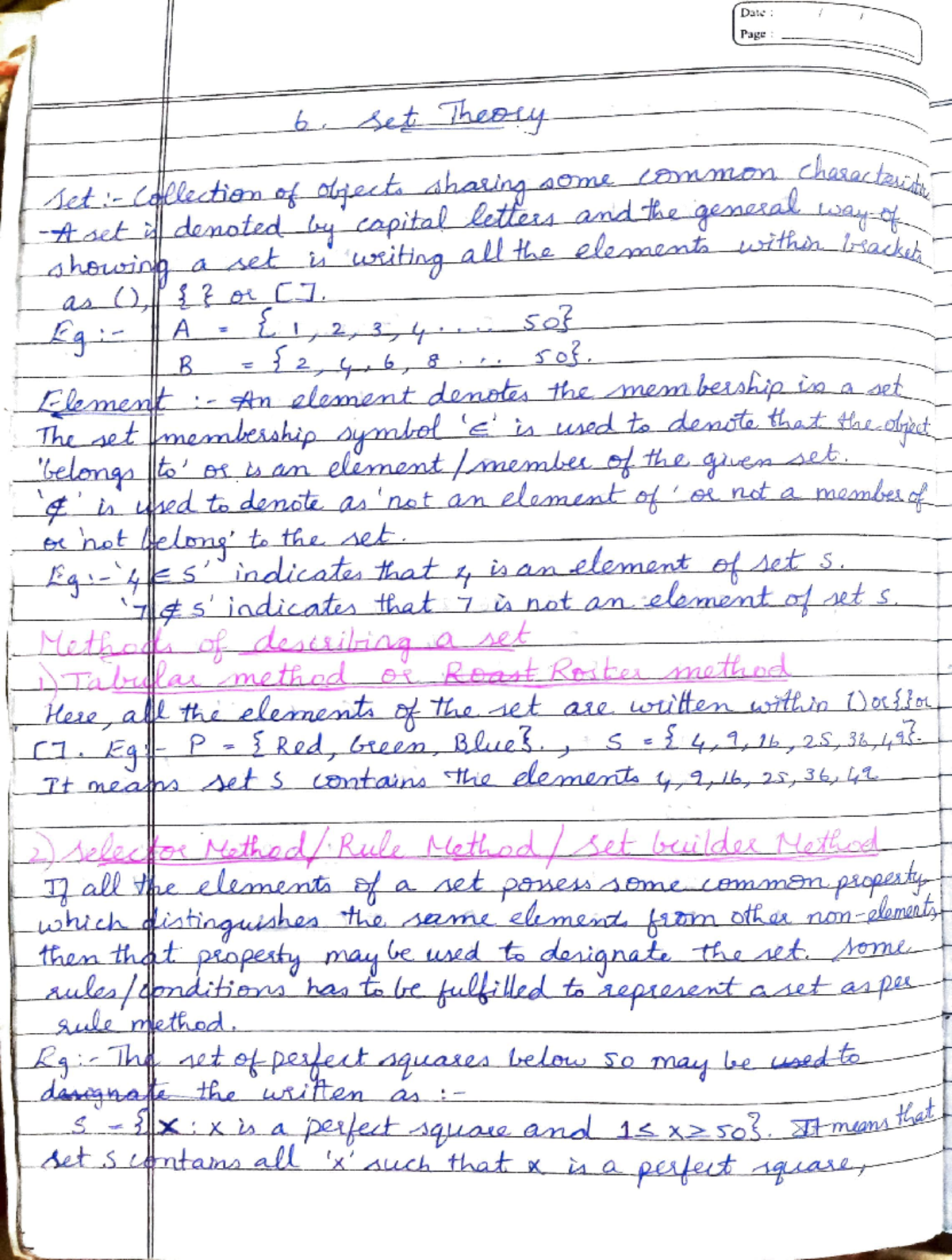 PDF 1 - Definition of set theory, methods of describing a set and types of sets are - Date Page ...