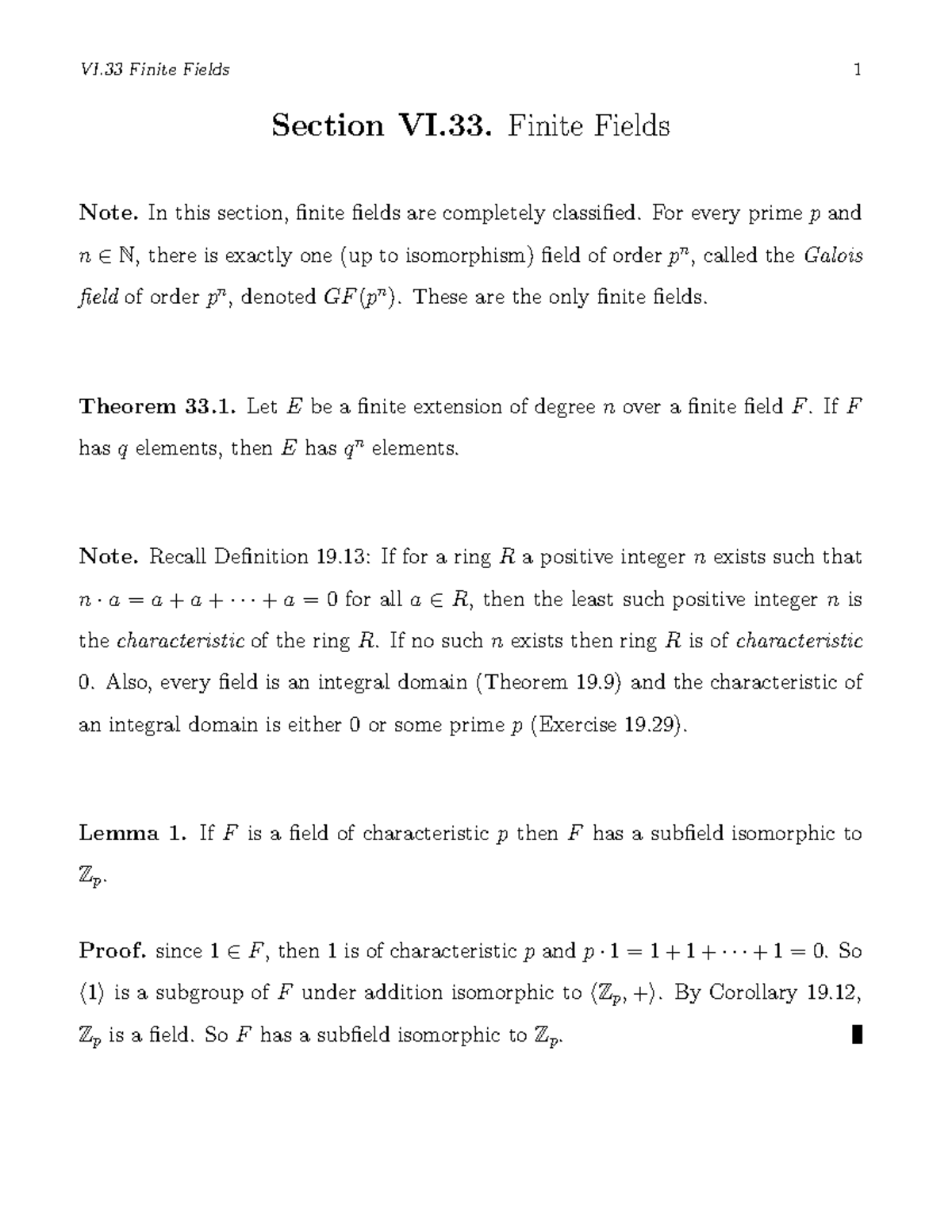 Finite Fields Section Vi Finite Fields Note In This Section Finite Fields Are Completely