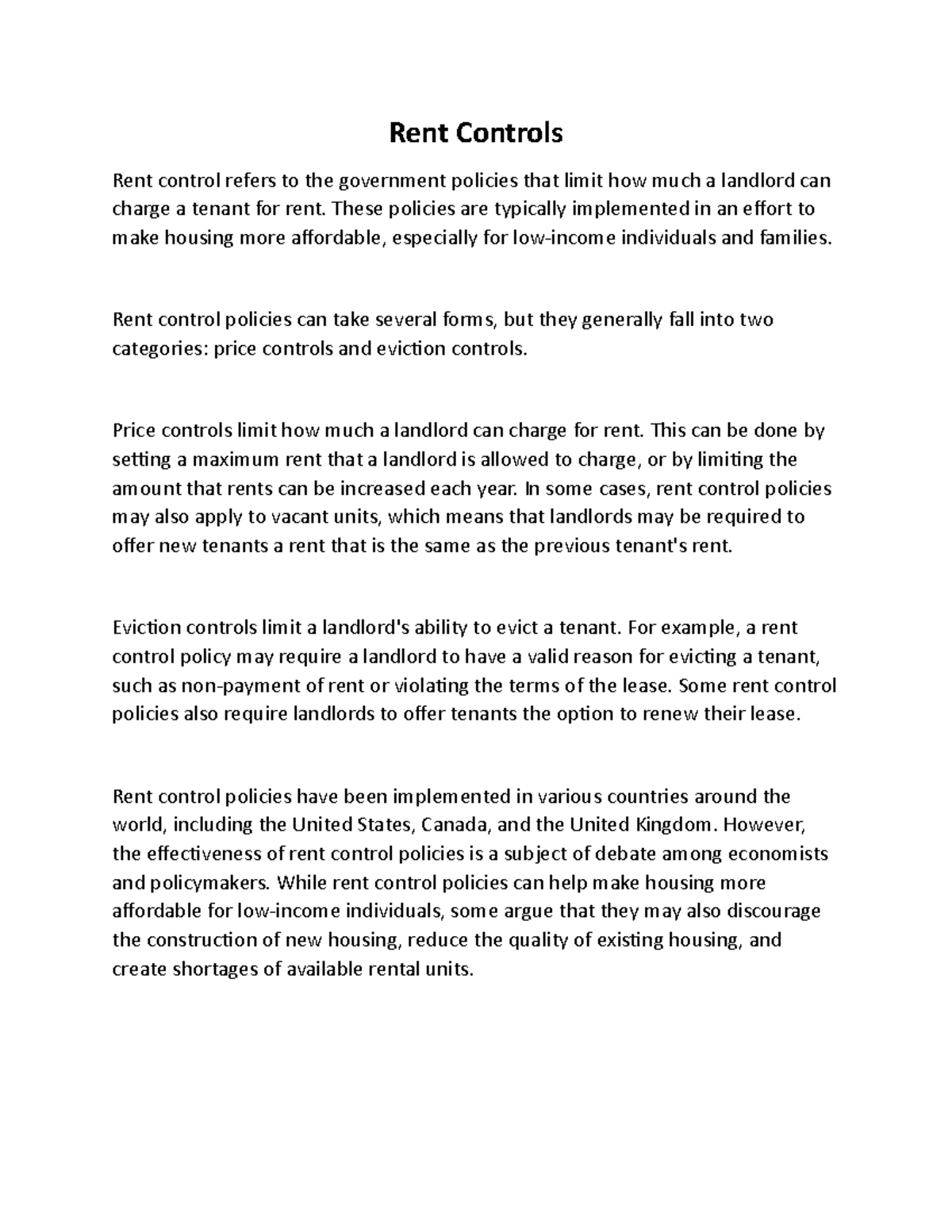 Rent Controls - Rent Controls Rent control refers to the government ...