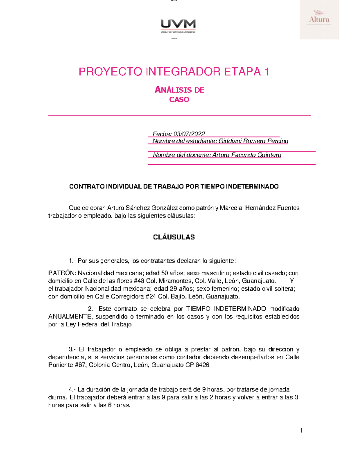 A7 GRP - derecho laboral uVM - lOMoAR cPSD| 8770093 PROYECTO INTEGRADOR ETAPA 1 AN¡LISIS DE CASO ...