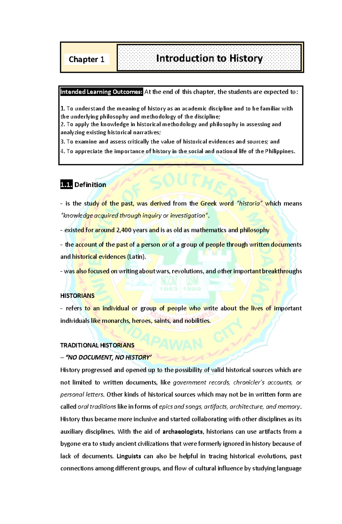 Chapter 1 Introduction to History - Intended Learning Outcomes: At the ...