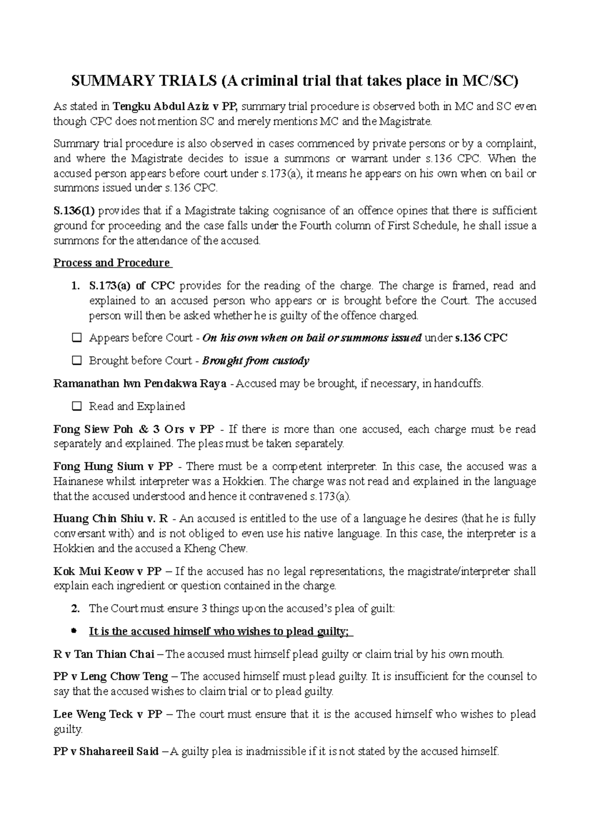 Summary Trial I - Not complete - SUMMARY TRIALS (A criminal trial that ...