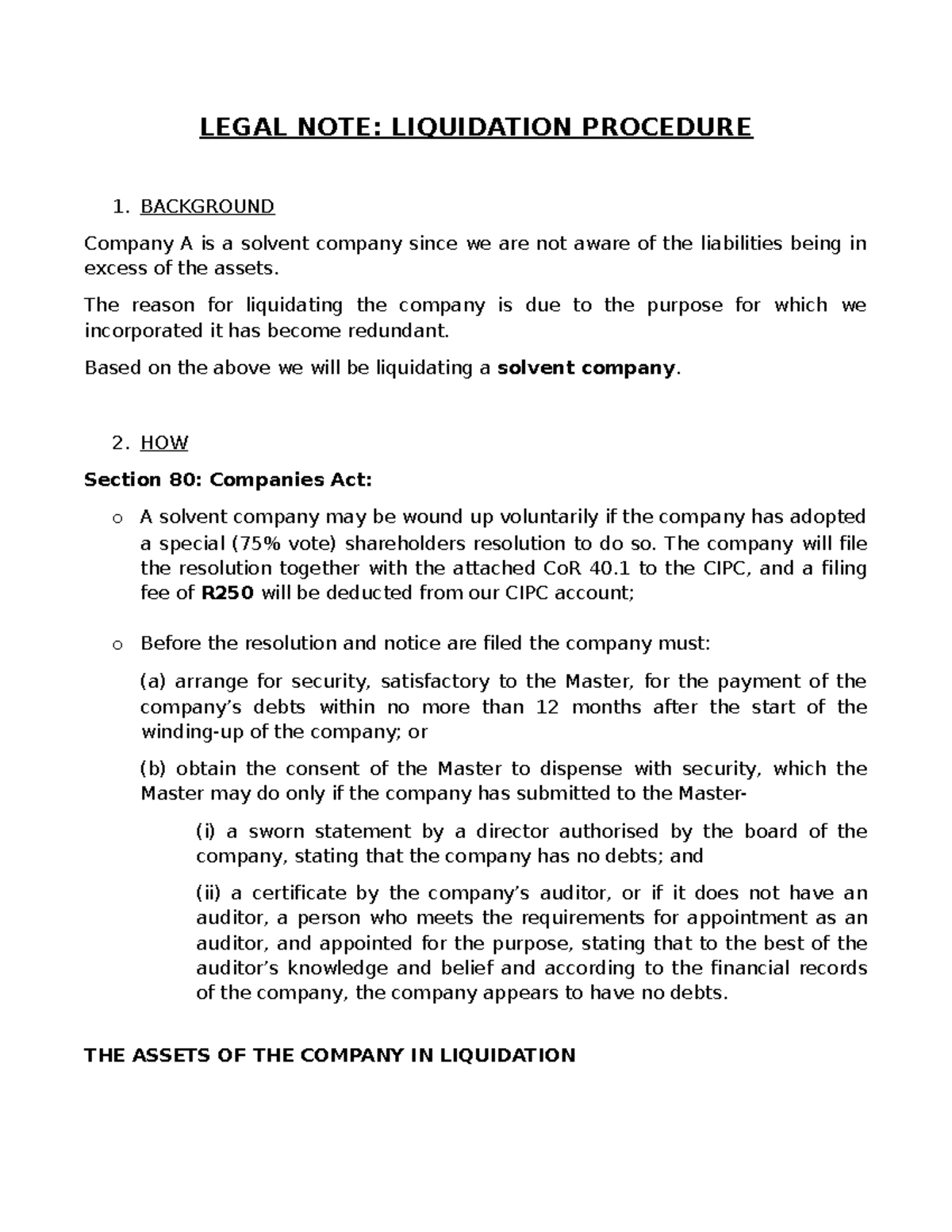 20211202 Legal Note - LEGAL NOTE: LIQUIDATION PROCEDURE 1. BACKGROUND ...