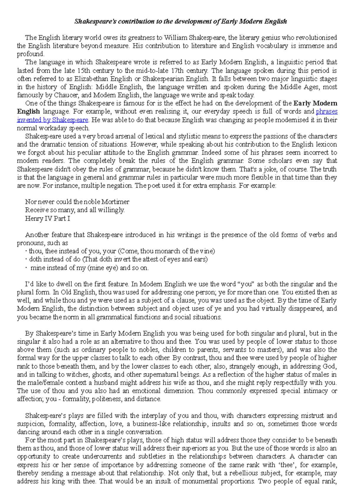 Shakespeare - His contribution to literature and English vocabulary is ...