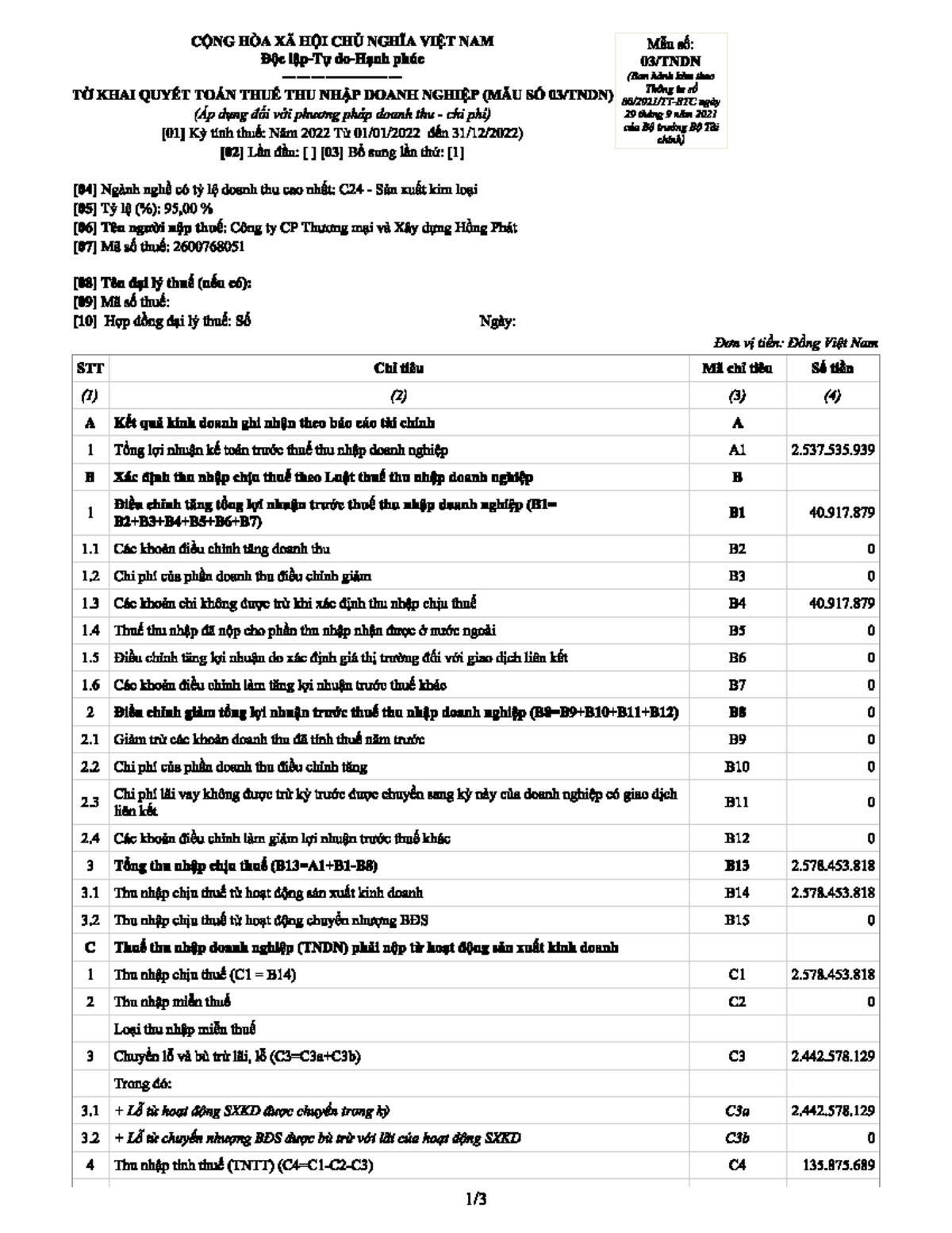 Tờ khai thuế và các tài liệu liên quan cty thương mại Hồng Phát - ke ...