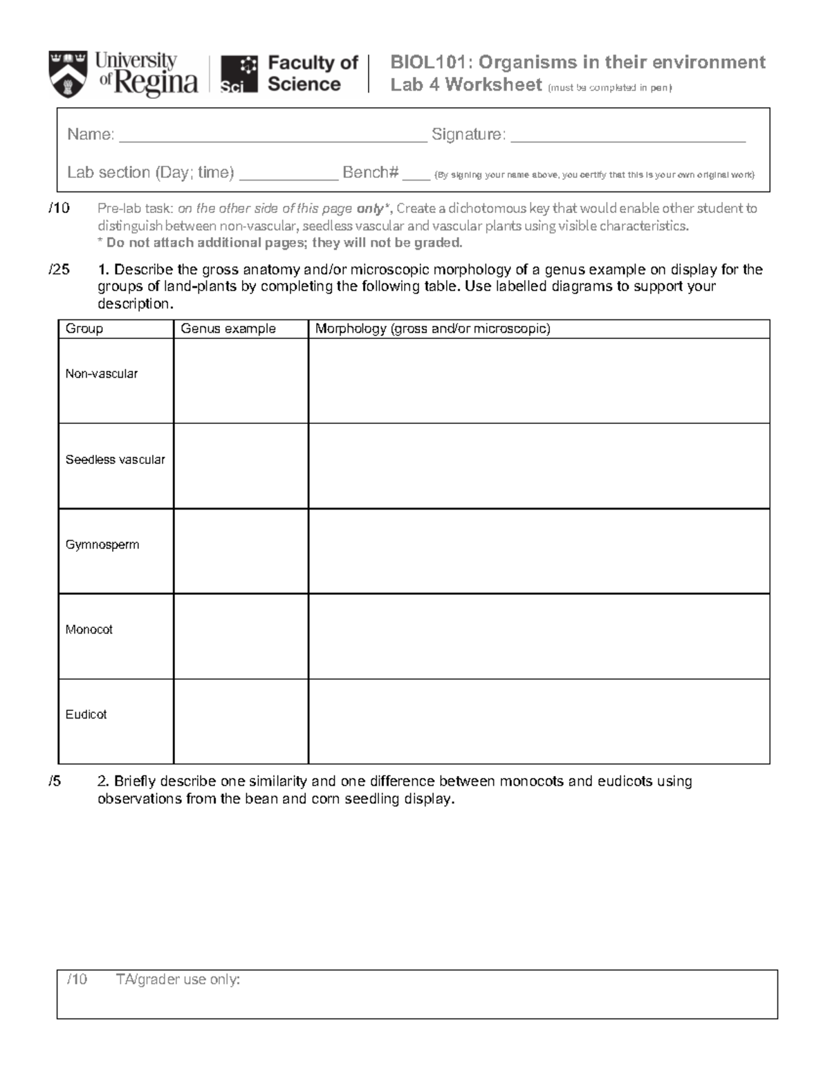 Biology%2010 1%20Lab%204%20Worksheet - / 10 Pre-lab task: on the other ...