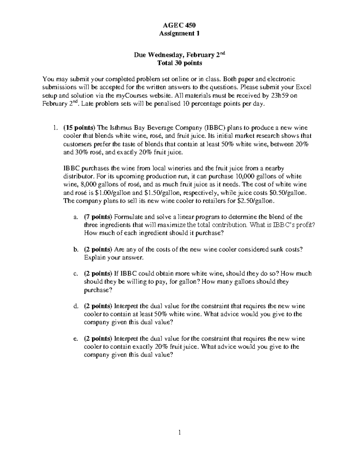 AGEC 450 Problem Set 1 - AGEC 450 Assignment 1 1 Due Wednesday ...