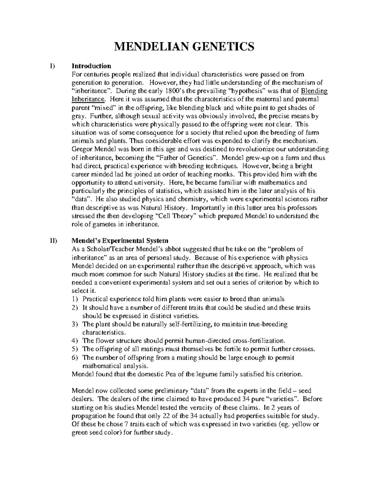 HB C Mendelian Genetics 2 07 - MENDELIAN GENETICS I) Introduction For ...