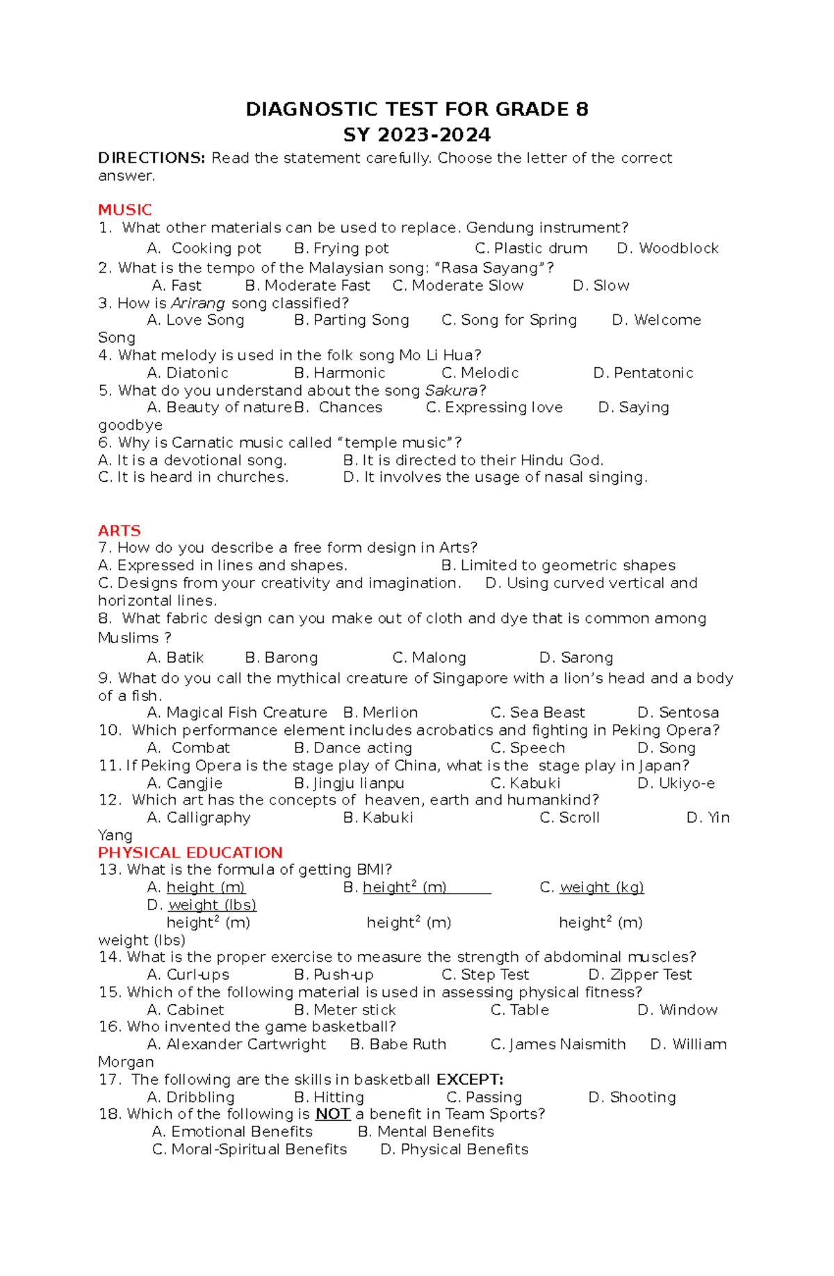 Diagnostic Test Mapeh Grade 8 - DIAGNOSTIC TEST FOR GRADE 8 SY 2023 ...