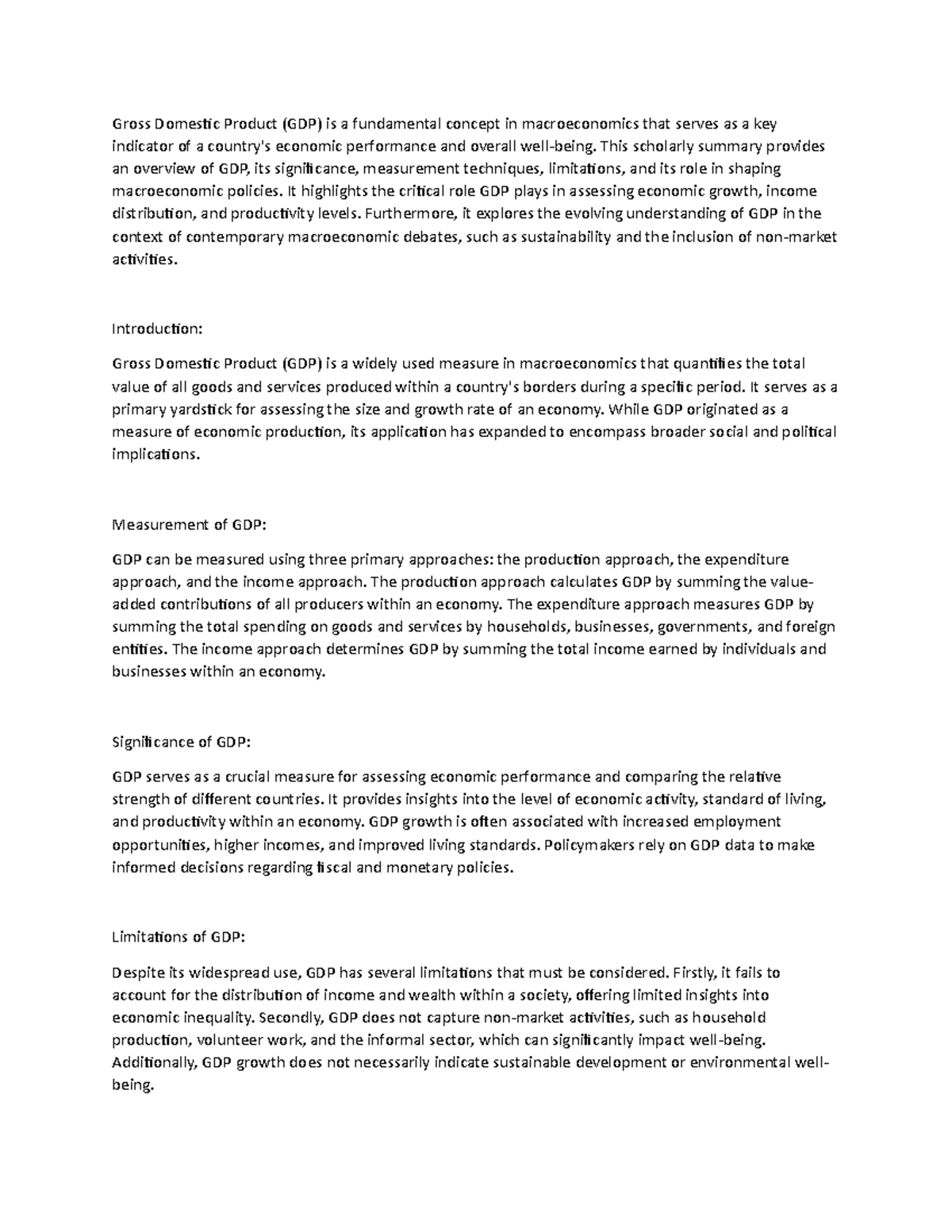 Summary GDP - Gross Domestic Product (GDP) is a fundamental concept in ...