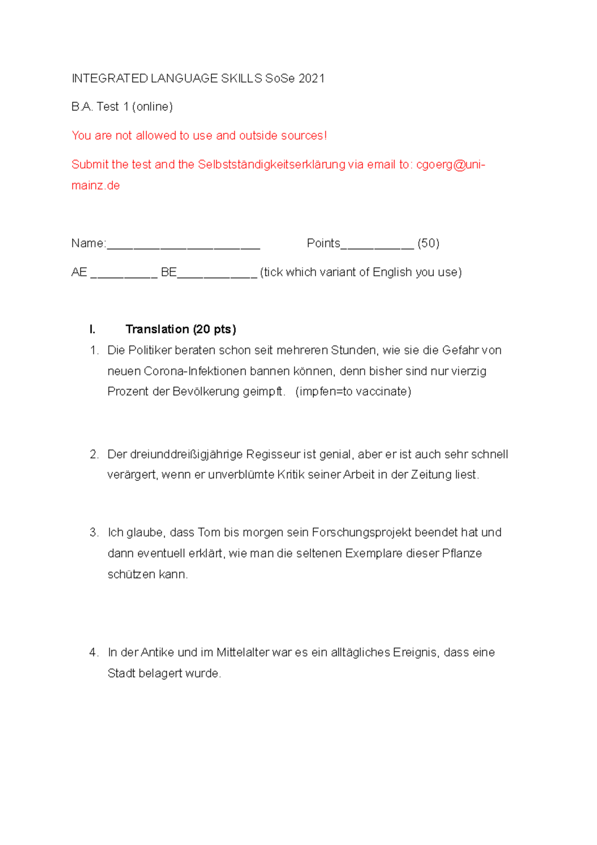 Integrated Language Skills So Se 2021 B.A. Test 1 - INTEGRATED LANGUAGE ...