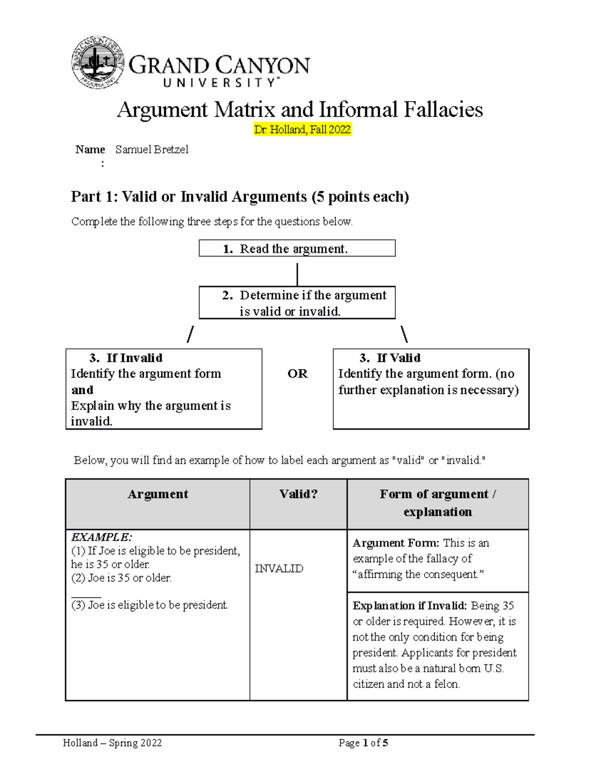 Argument Matrix Worksheet - Argument Matrix and Informal Fallacies Dr ...