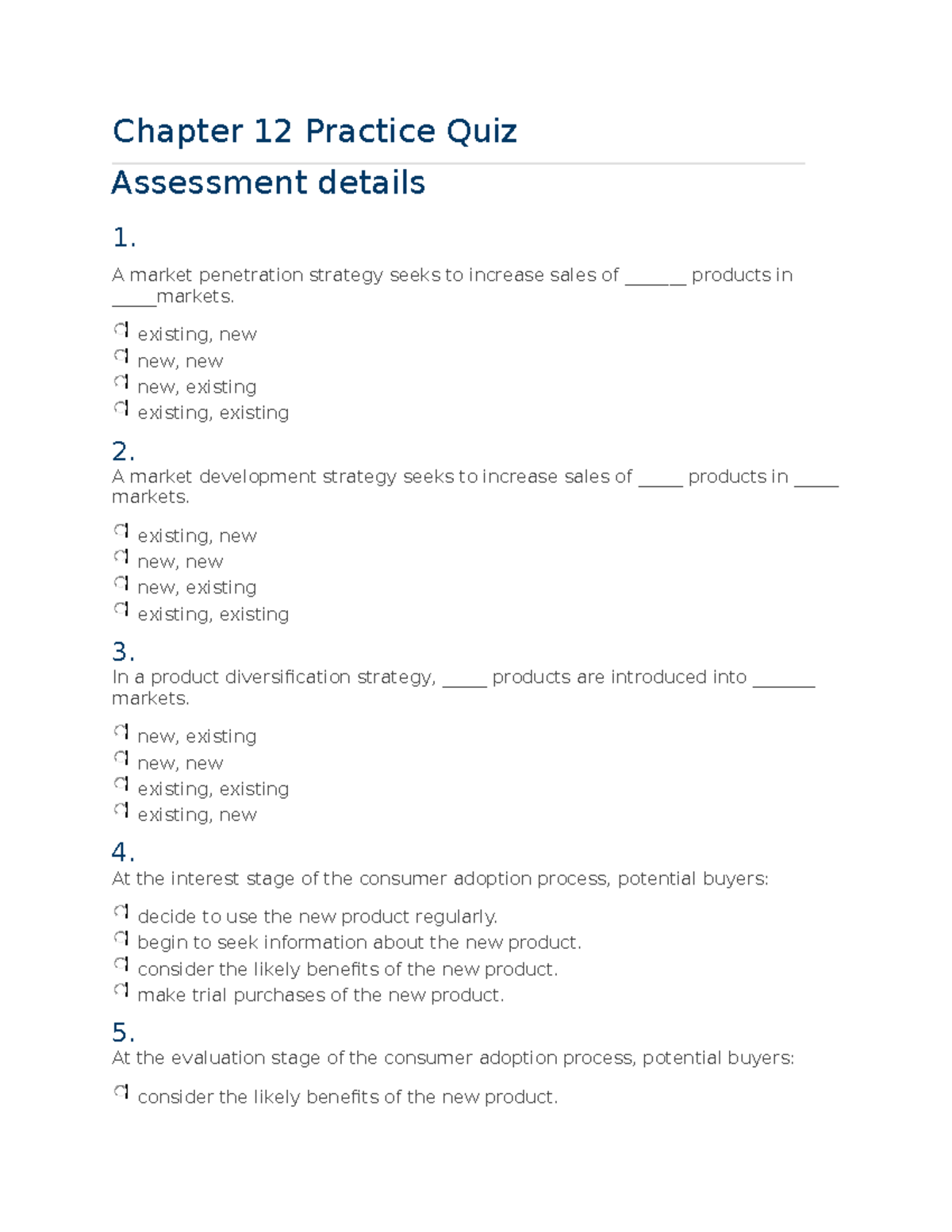 Chapter 12 Test - its all there - Chapter 12 Practice Quiz Assessment ...