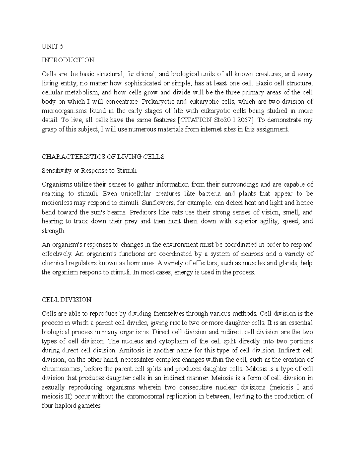 Characteristics of Living Cells - UNIT 5 INTRODUCTION Cells are the ...