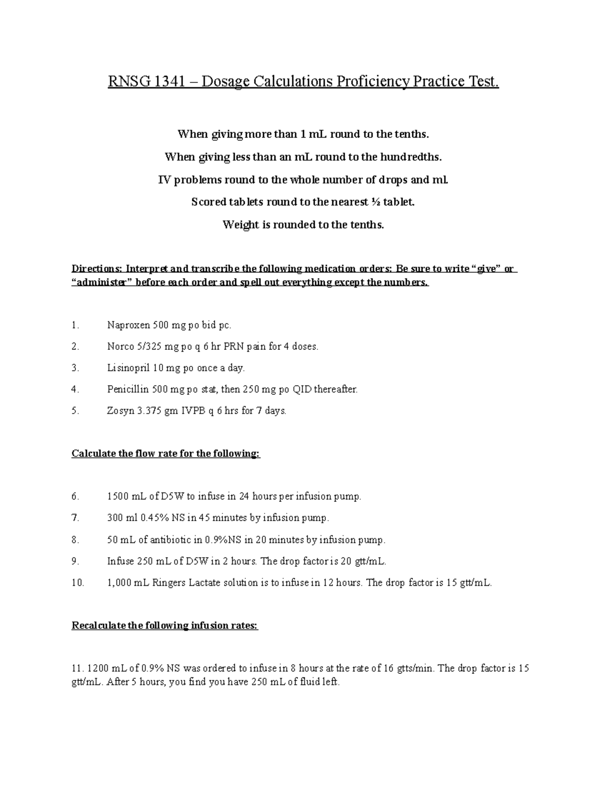 Practice Exam - Math competency - RNSG 1341 – Dosage Calculations ...