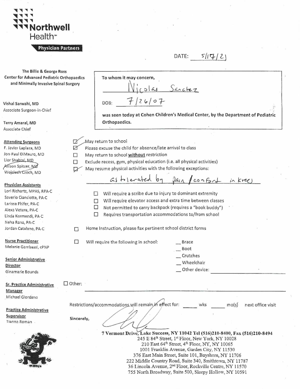 Doctors Note Nicolas Sanchez - Northwell Health SM Physician Partners ...