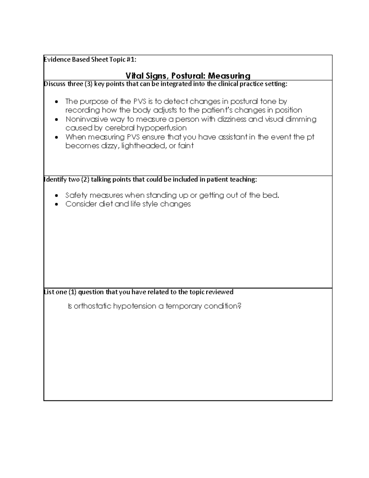 NUS 210 3-2-1 Summary PVS - Evidence Based Sheet Topic #1: Vital Signs ...