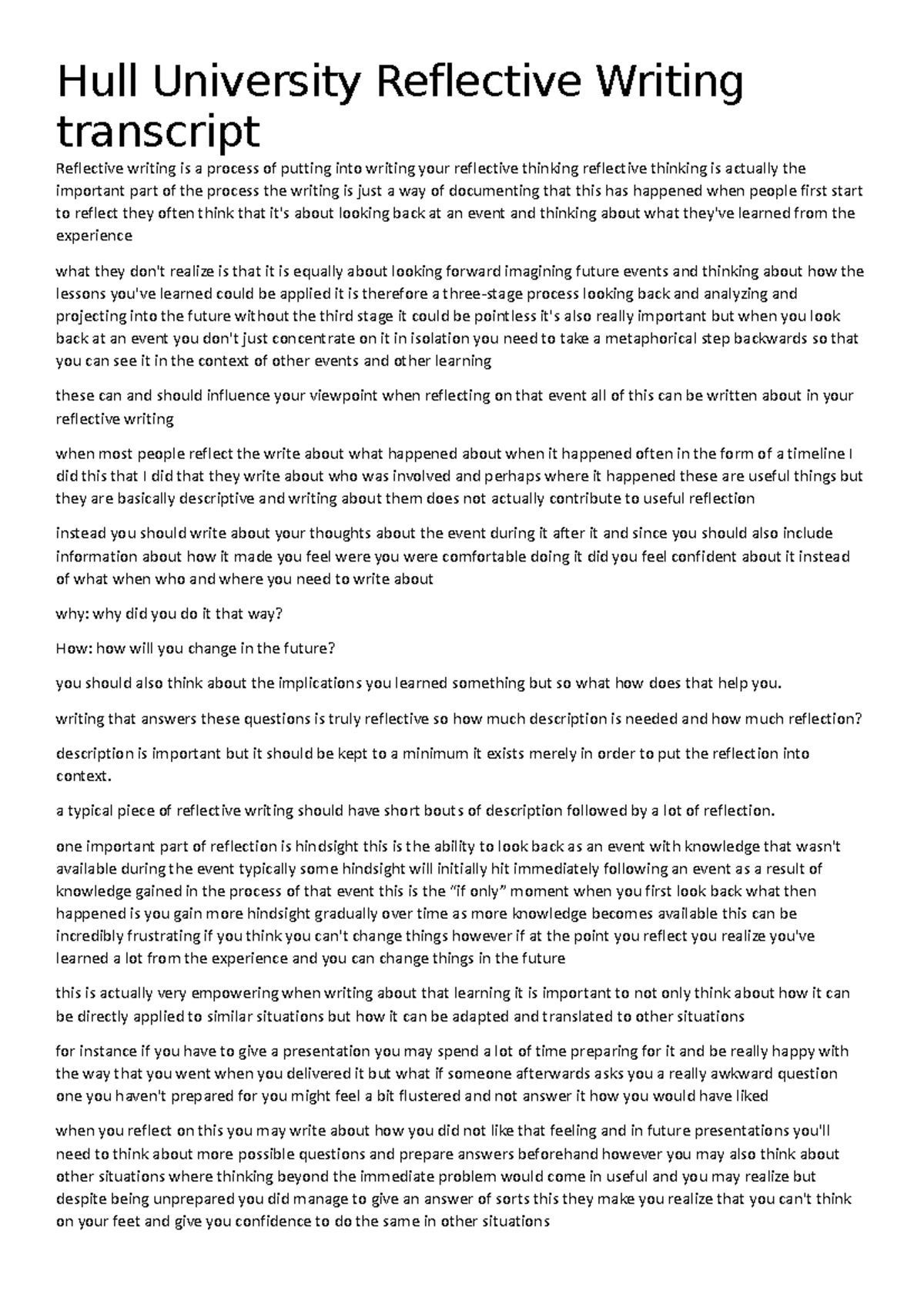 Reflective Writing - Hull University Reflective Writing transcript ...