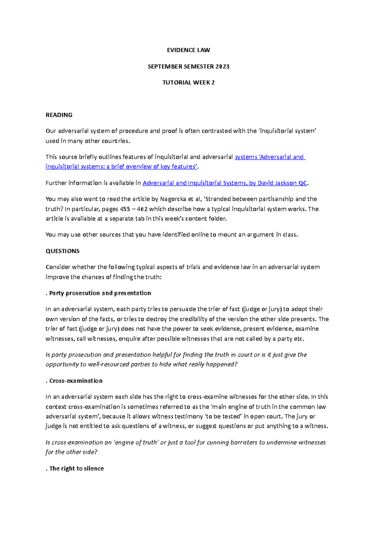 Evidence Tutorial WEEK 2 September 2023 - EVIDENCE LAW SEPTEMBER SEMESTER 2023 TUTORIAL WEEK 2 ...