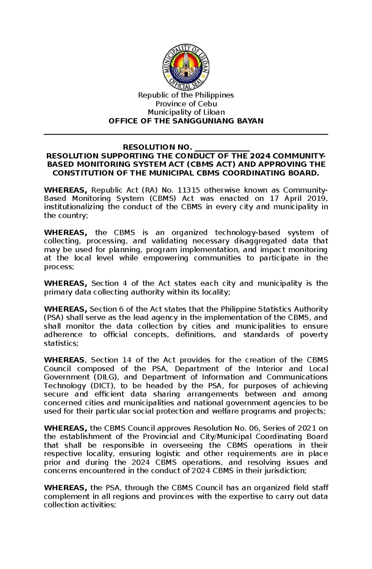 Resolution CBMS Survey - Republic of the Philippines Province of Cebu ...