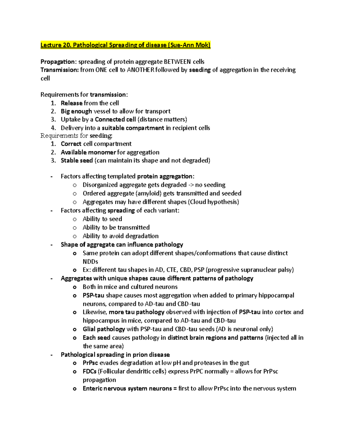 Lecture 20.Pathological Spreading of disease (Sue-Ann Mok) - Lecture 20 ...