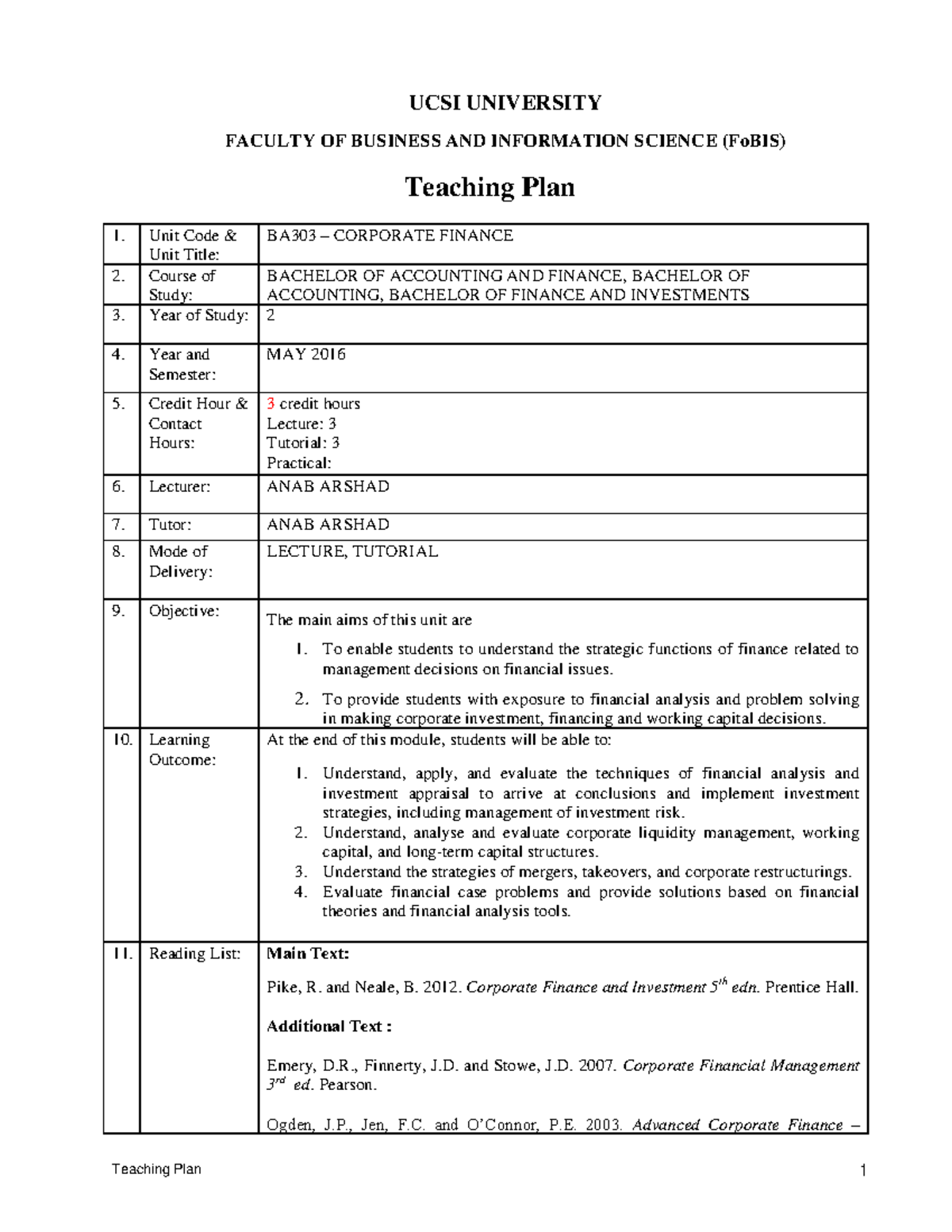 Y2S2 BA303 Corporate Finance - Teaching Plan - UCSI UNIVERSITY FACULTY ...