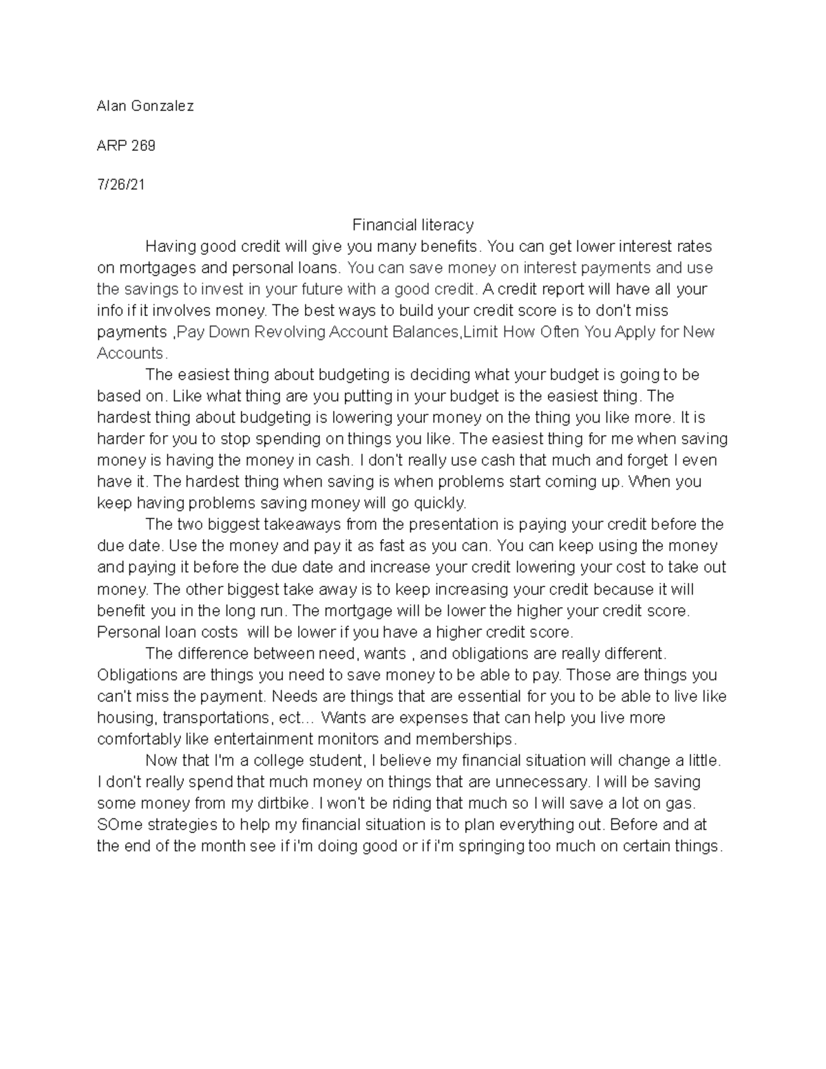 Financial literacy - A little essay done it class - Alan Gonzalez ARP ...