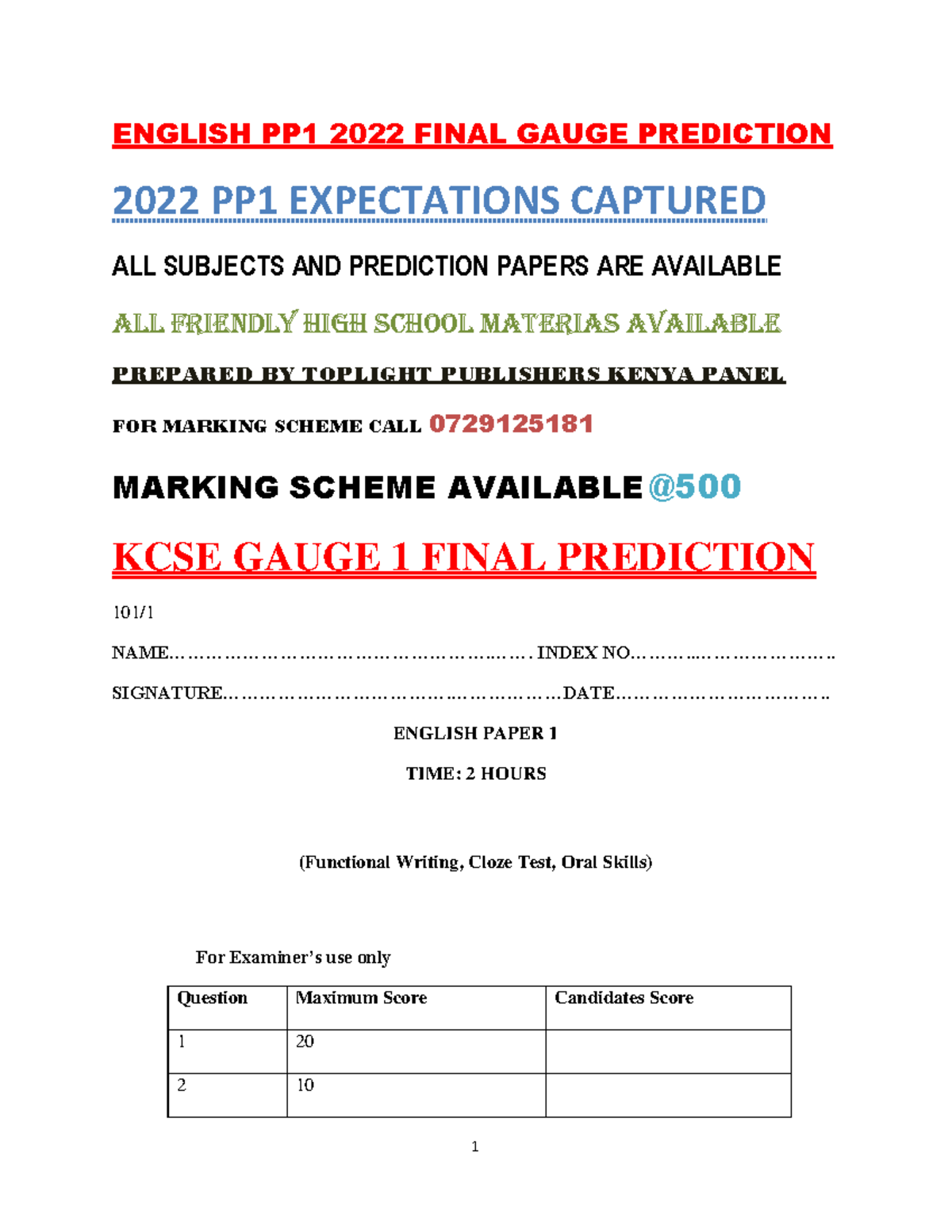 English PP1 2022 Final Gauge Prediction - ENGLISH PP1 2022 FINAL GAUGE PREDICTION 2022 PP1 - Studocu
